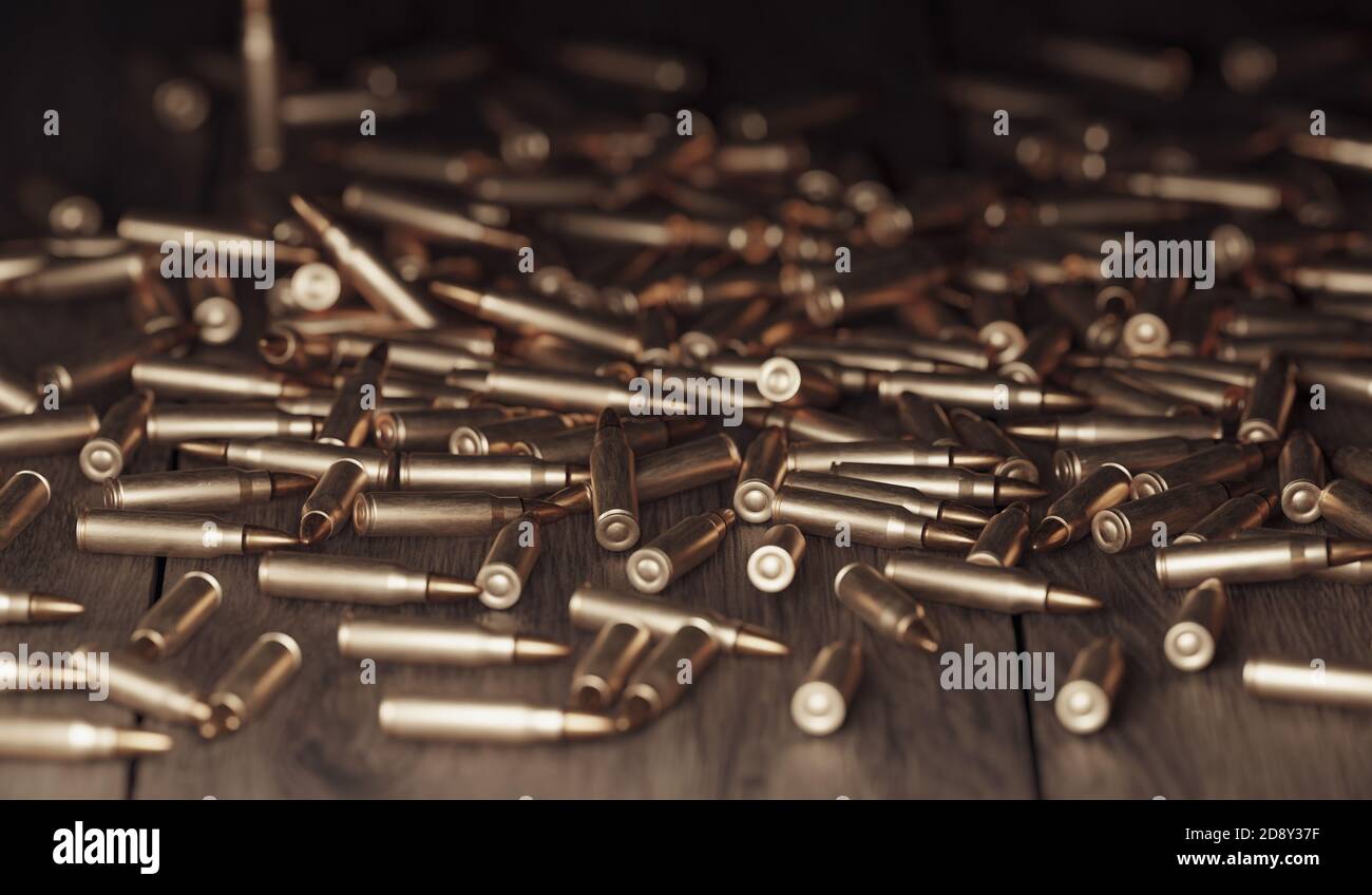 Multiple golden bullets on wooden table. 3D rendered illustration Stock ...