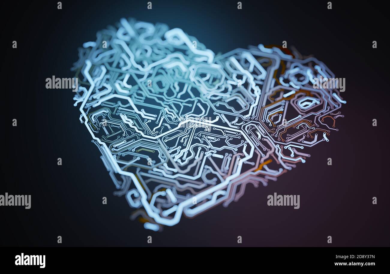 Heart shaped electronic circuit. 3D rendered illustration Stock Photo ...