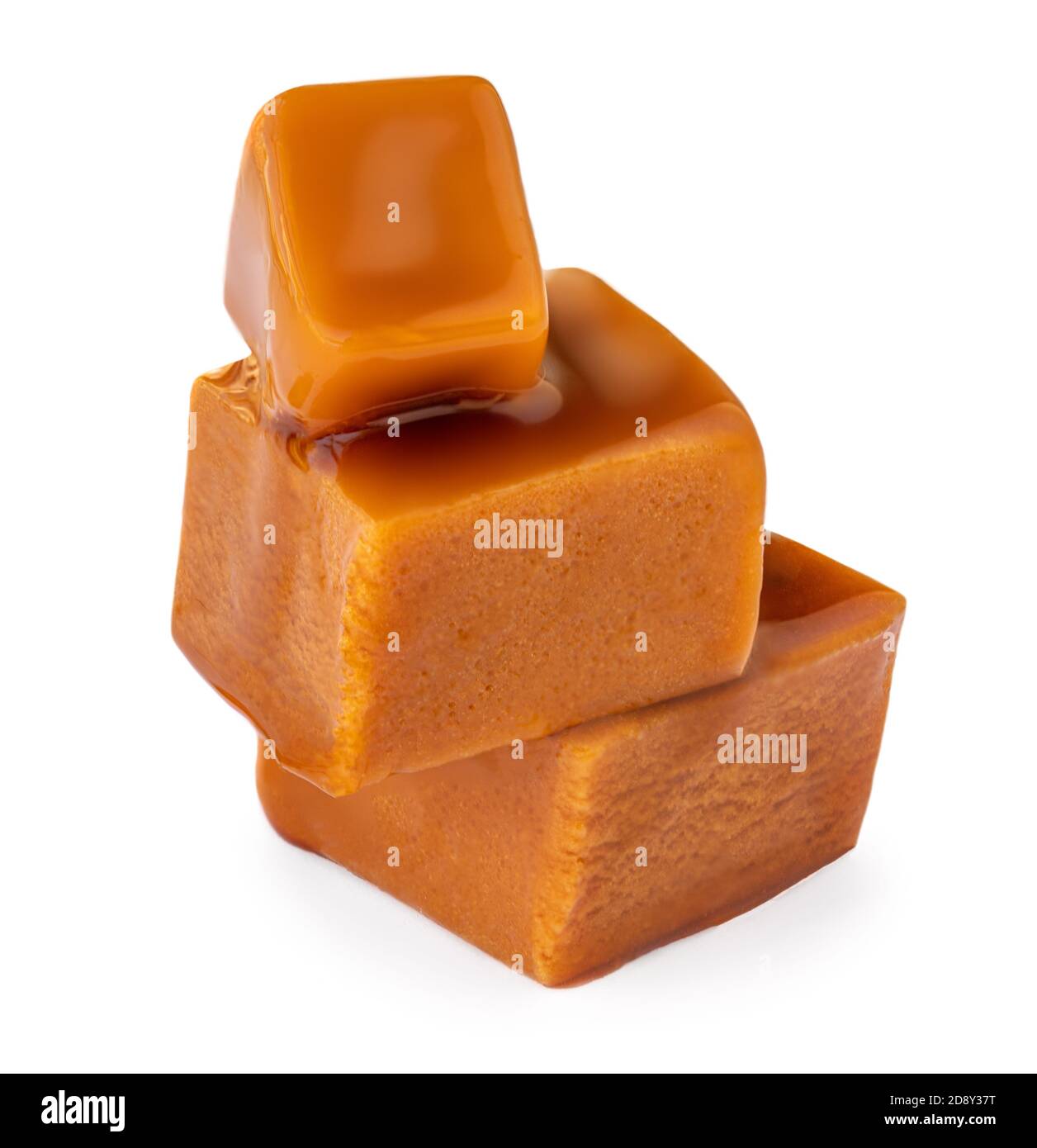 Tree cubes of caramel isolated on white background. Stacked caramel ...