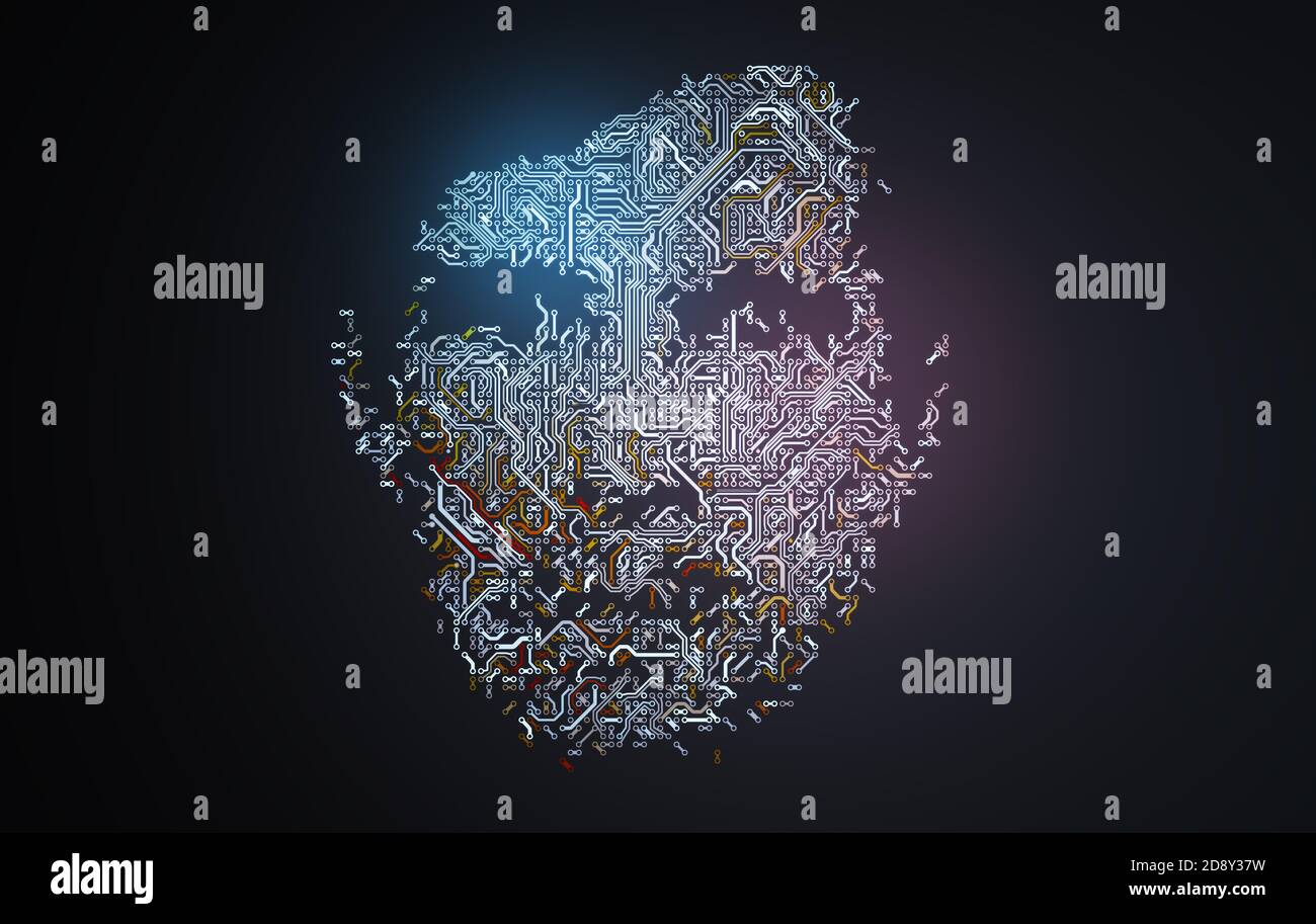 Electronic circuit in shape of a human face. Artificial intelligence ...