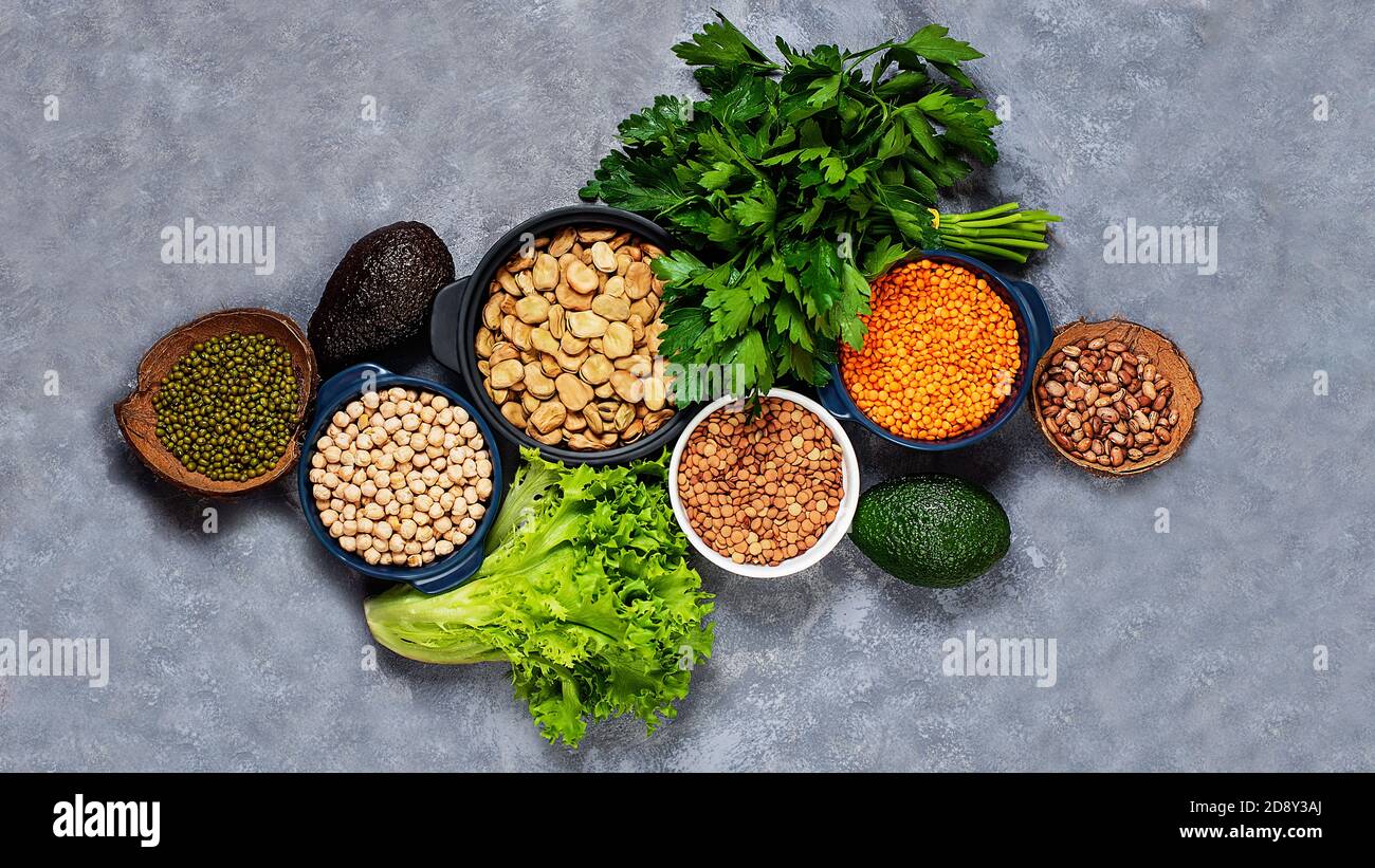 Various assortment of legumes beans, chickpeas, lentils, green peas ...