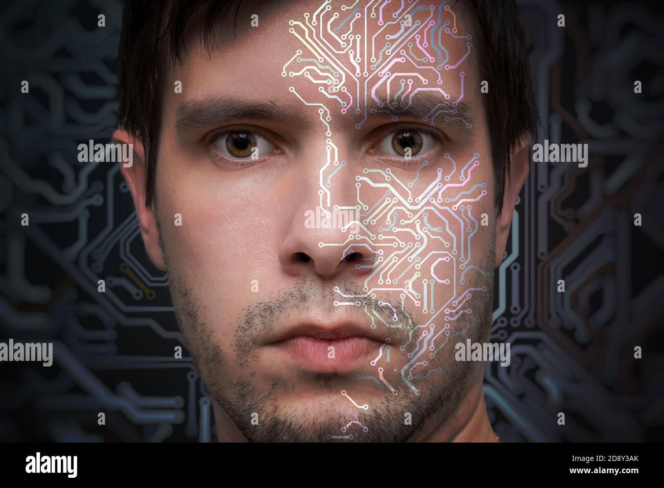 Artificial intelligence concept. Face of man with electronic circuit ...