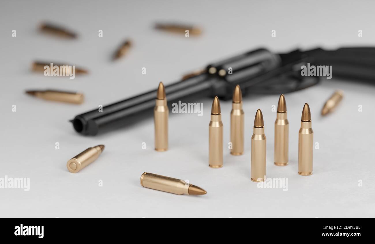 Many bullets and gun in background. 3D rendered illustration Stock ...