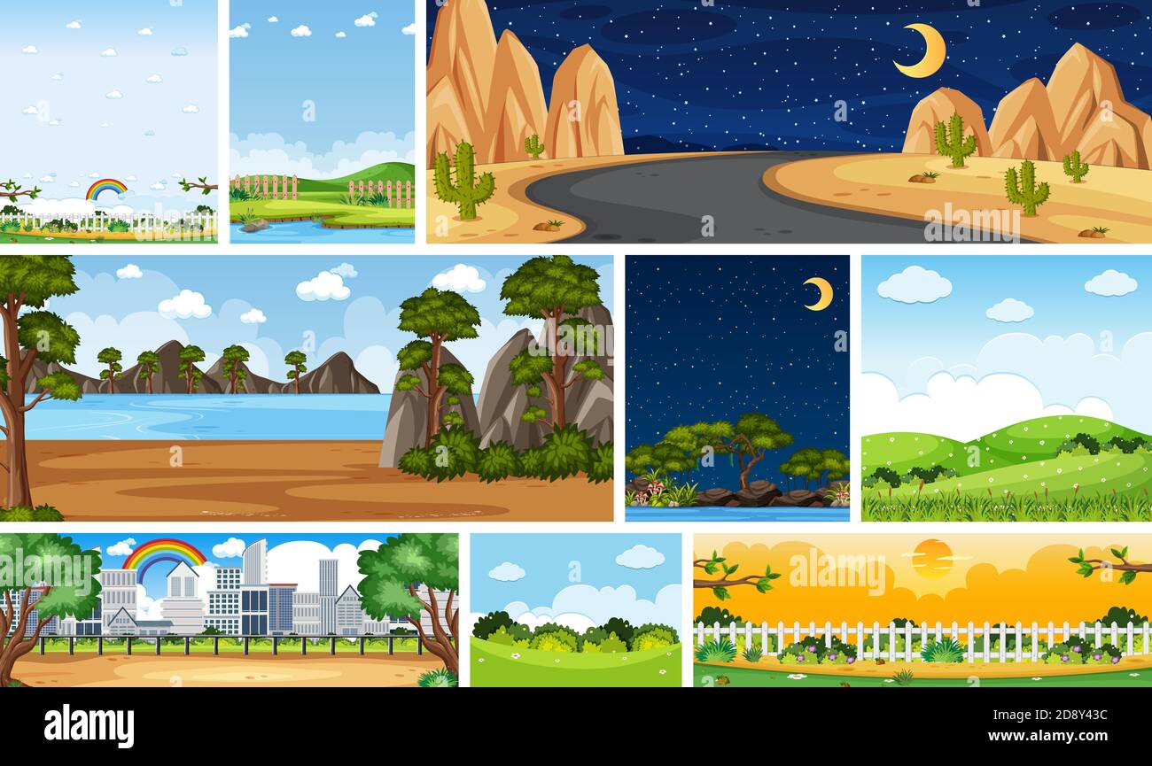 Set of different nature place scene in vertical and horizon scenes at ...