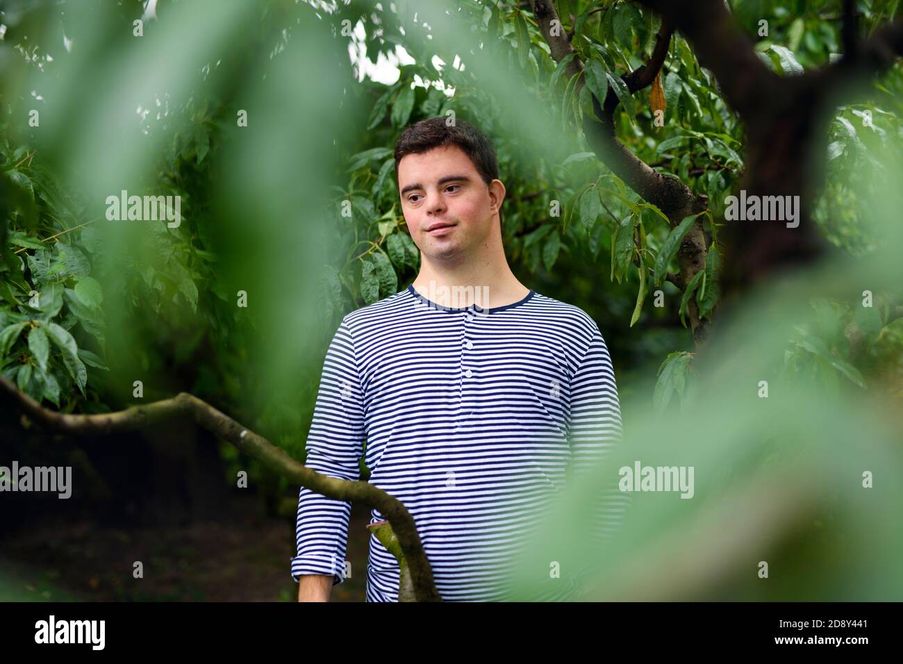 Portrait of down syndrome adult man standing outdoors under tree Stock ...