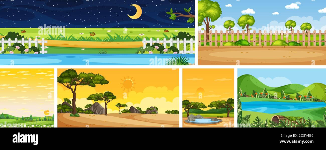 Set of different nature place scene in vertical and horizon scenes at ...
