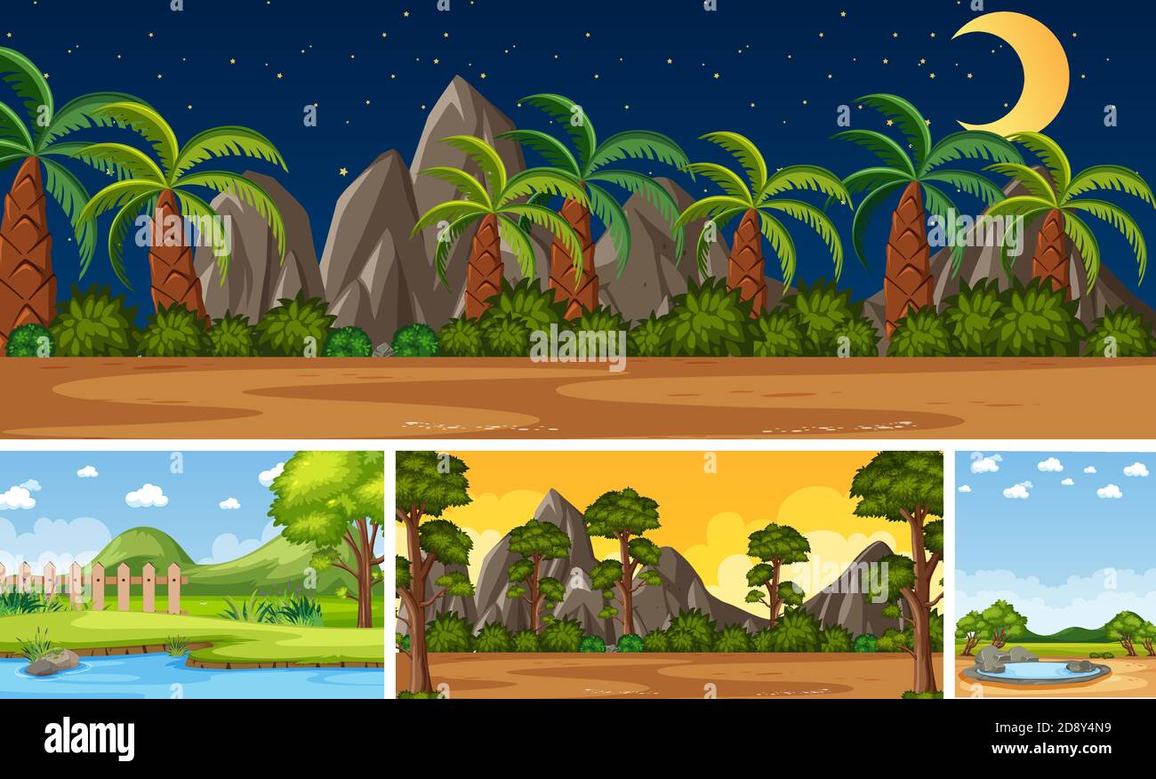 Four background different nature scenes with green trees in different ...