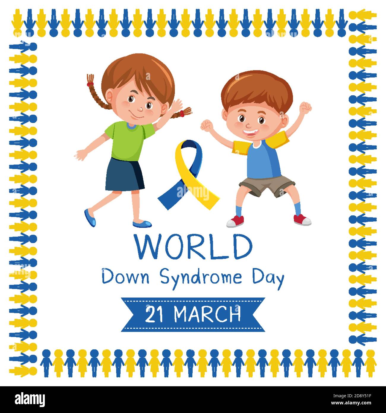 World Down Syndrome on 21 March with two kids and yellow - blue ribbon ...