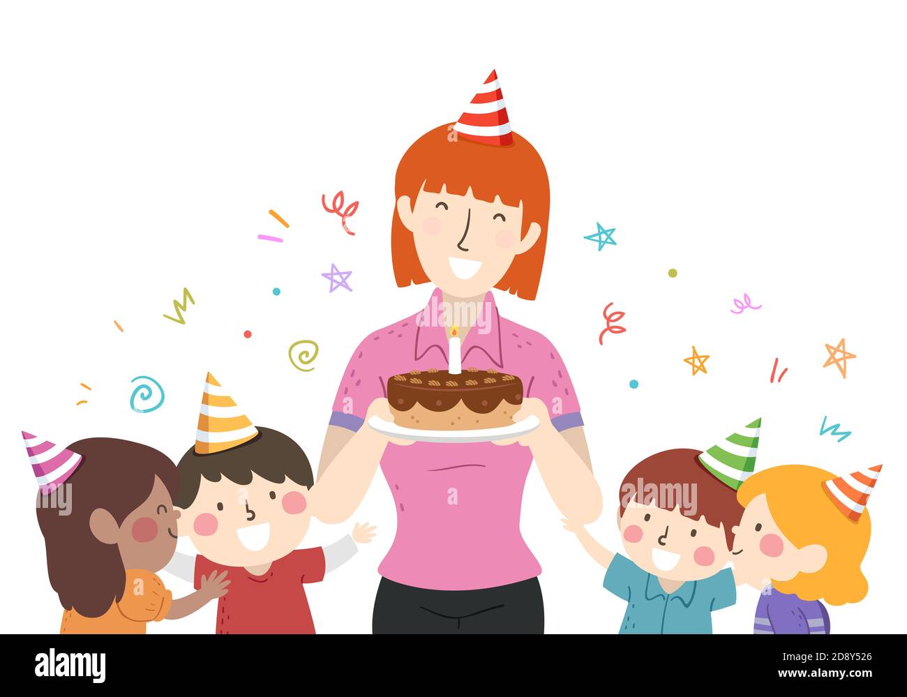 Illustration of a Teacher Holding a Birthday Cake with Kids Students ...