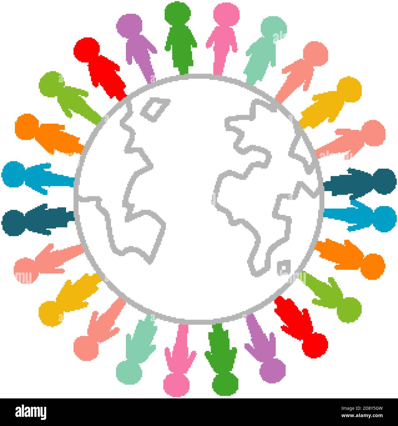 People symbols in different color with globe isolated on white ...