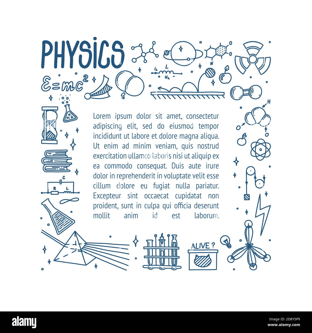 Physics doodle with light prism, books, atom and experiments. Frame ...