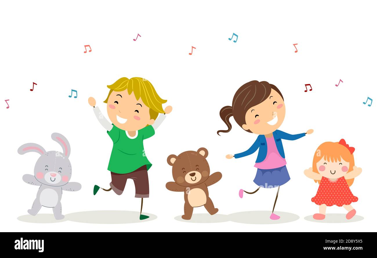 Illustration of Stickman Kids Dancing with their Stuffed Toys Rabbit ...