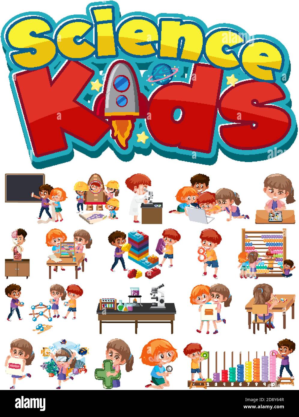 Science kids logo and set of children with education objects isolated ...