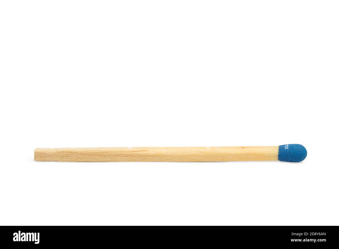 Wooden match stick with blue head on a white backgroud and copy space ...