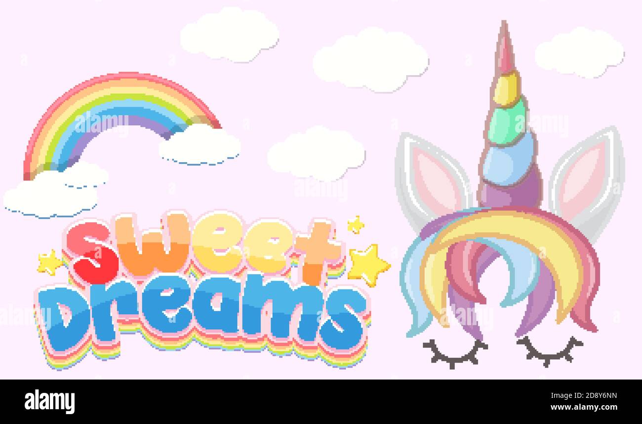 Sweet dreams logo in pastel color with cute unicorn and rainbow ...