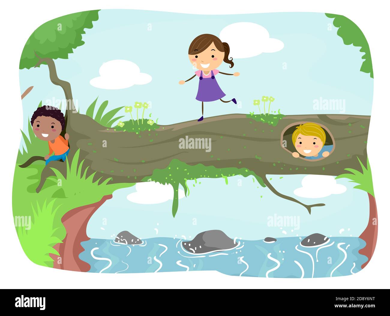 Illustration of Stickman Kids Playing on Tree Trunk Bridge Outdoors ...