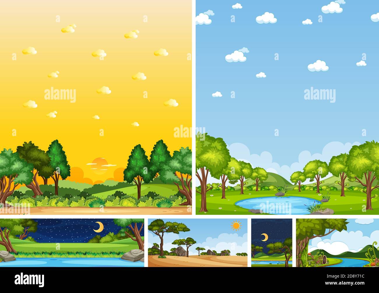 Set of different nature place scene in vertical and horizon scenes at ...