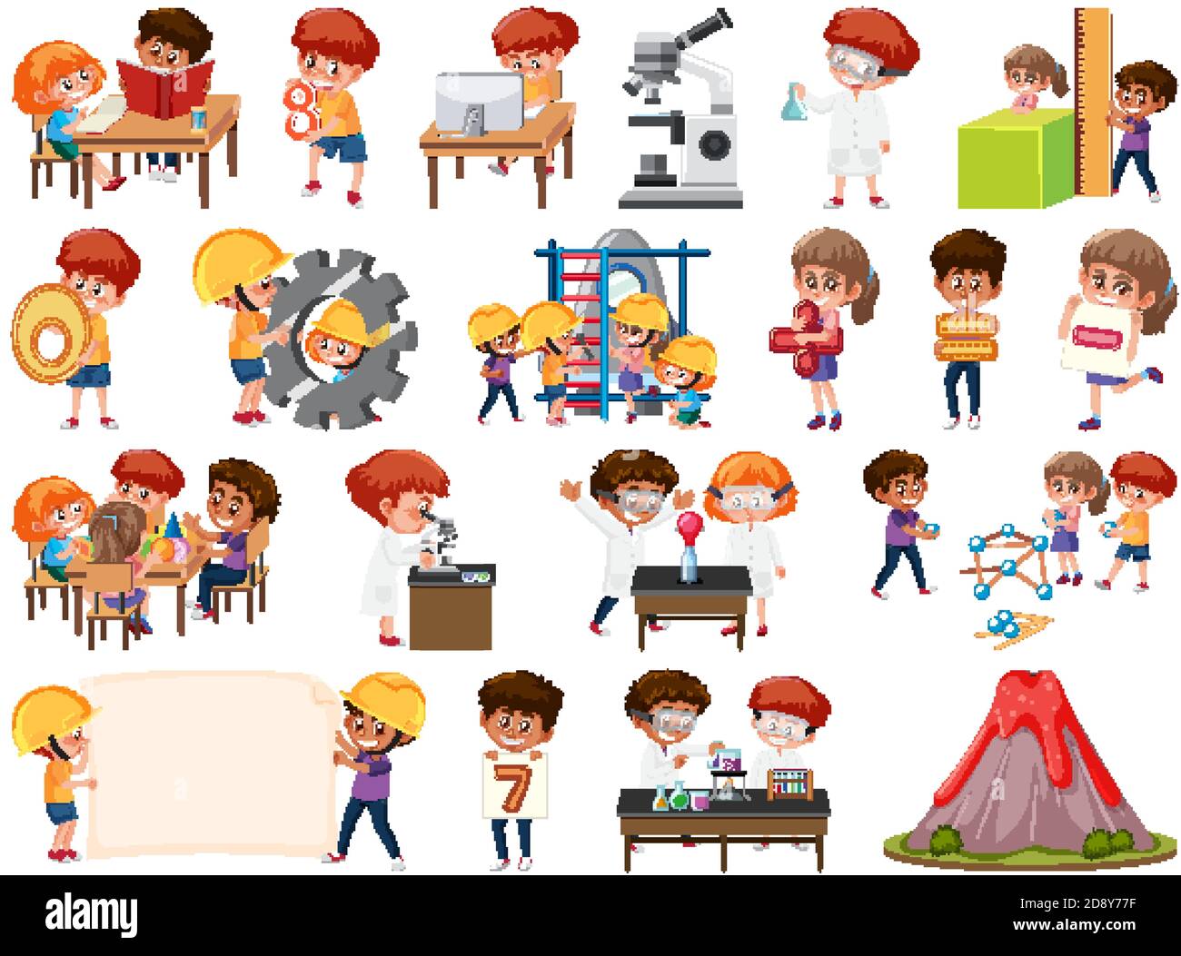 Set of children with education objects isolated illustration Stock ...