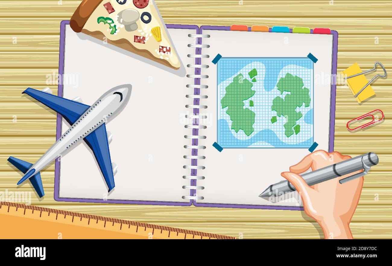 Close up hand writing plan for travel on notebook with plane model on ...
