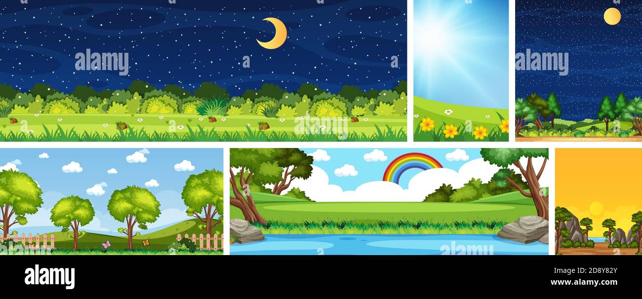 Set of different nature place scene in vertical and horizon scenes at ...