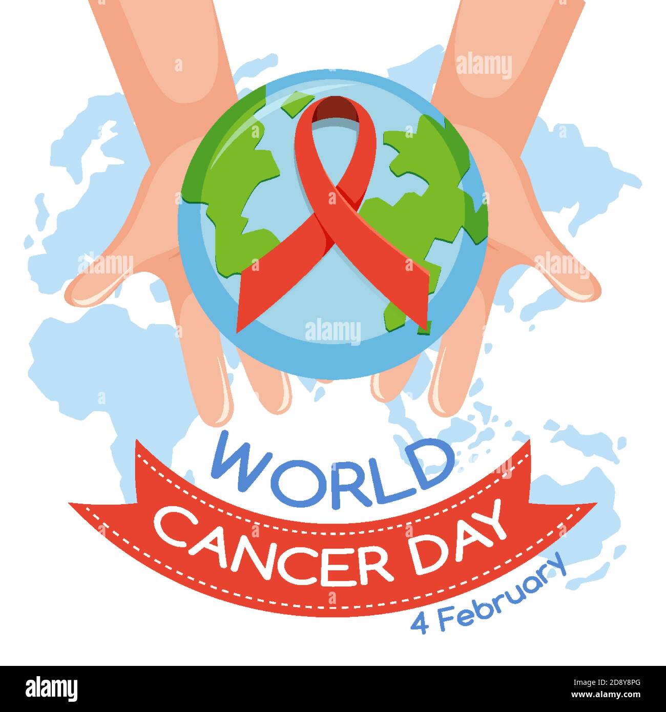 World Cancer Day logo or banner with a red ribbon and globe ...