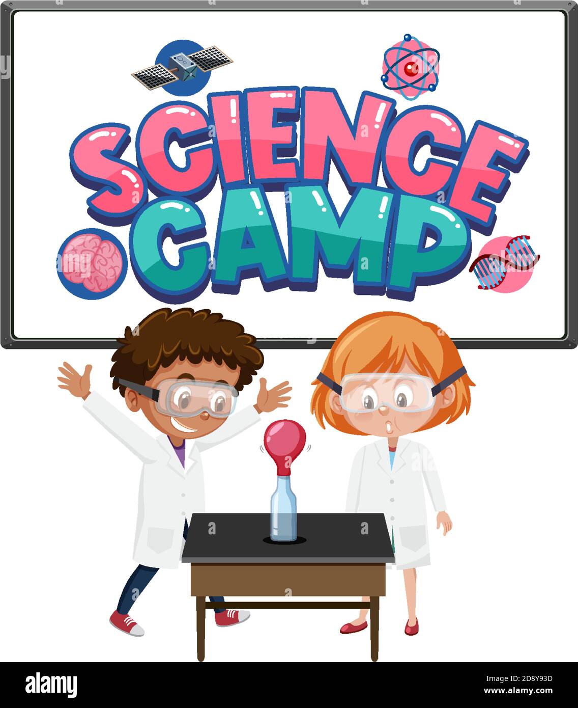 Science camp logo and set of children with education objects isolated ...