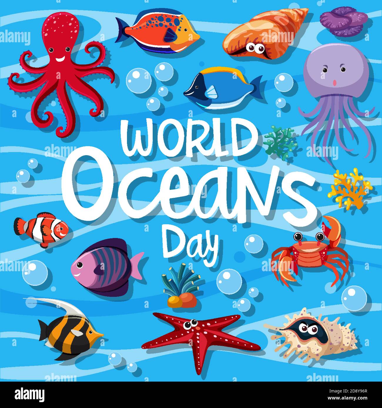World Oceans Day logo or banner with different sea animals illustration ...