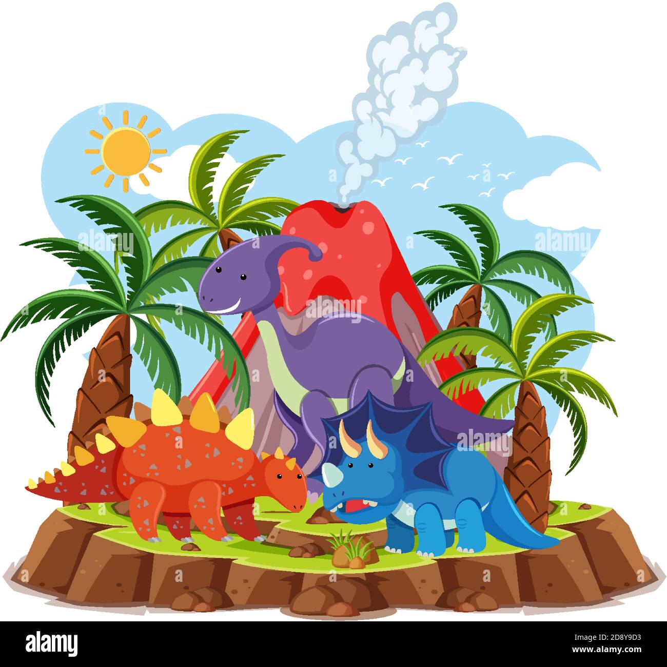 Cute dinosaurs with volcano eruption isolated on white background ...