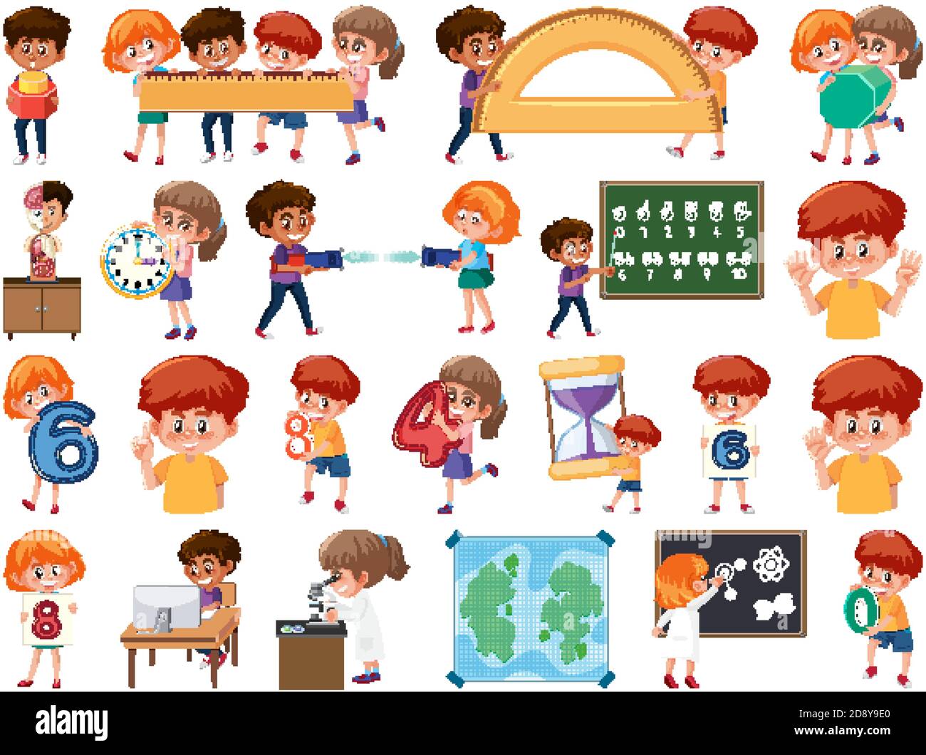 Set of children with education objects isolated illustration Stock ...