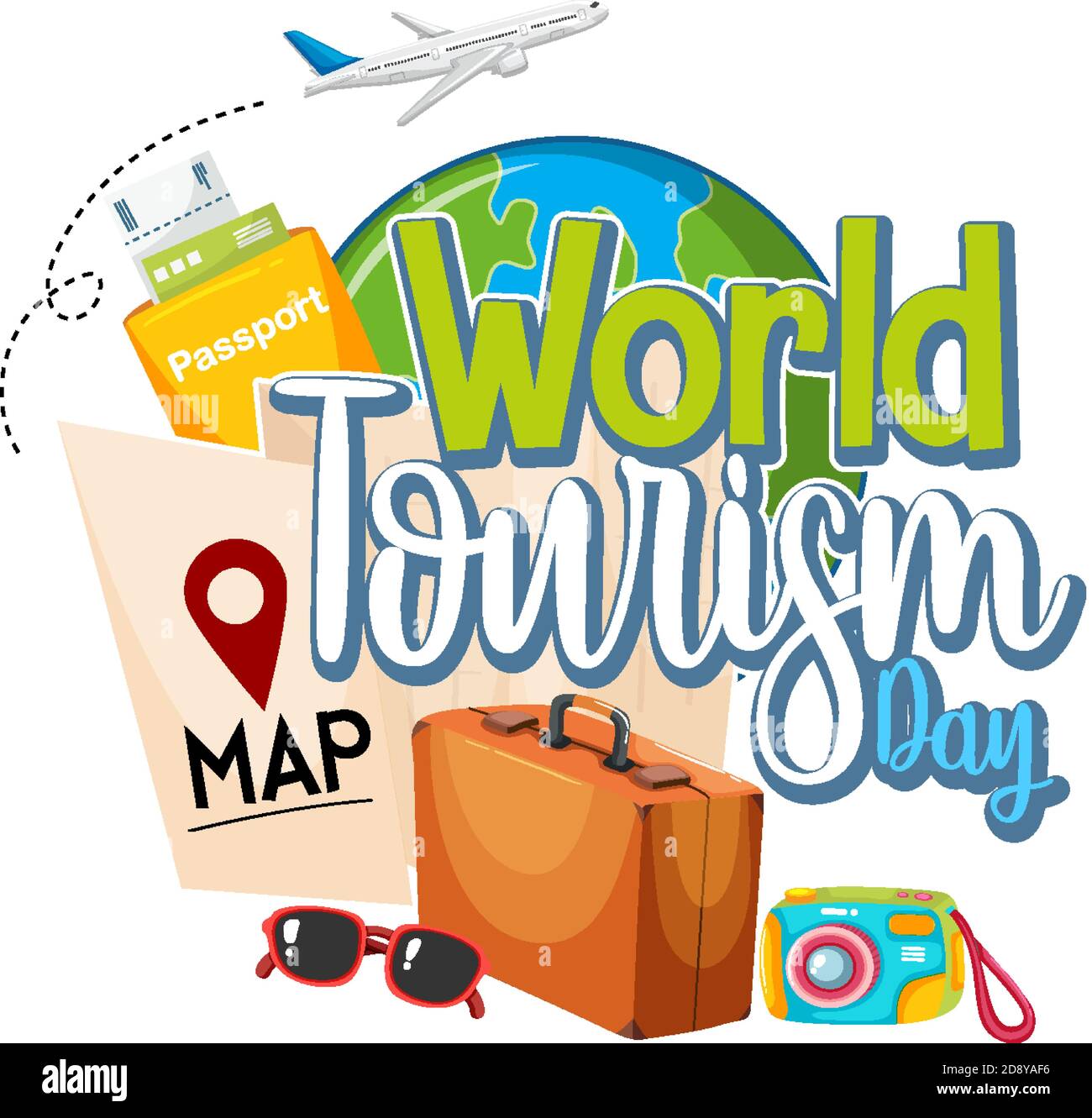World tourism day logo with items for travelling illustration Stock ...
