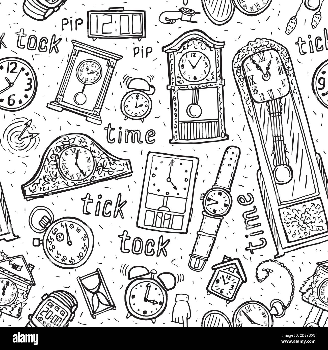 Seamless watches background. Vector time symbols. Hand-drawn ...