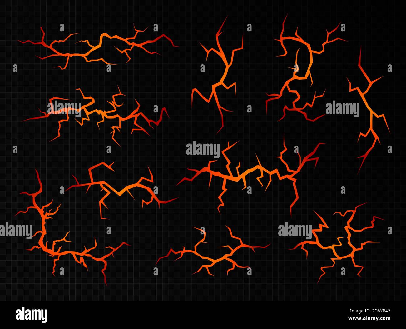 Volcanic fissures set with hot magma, ground cracks with molten lava ...
