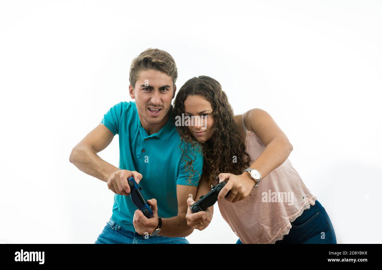 Group of friends playing video games and putting expressions of various ...