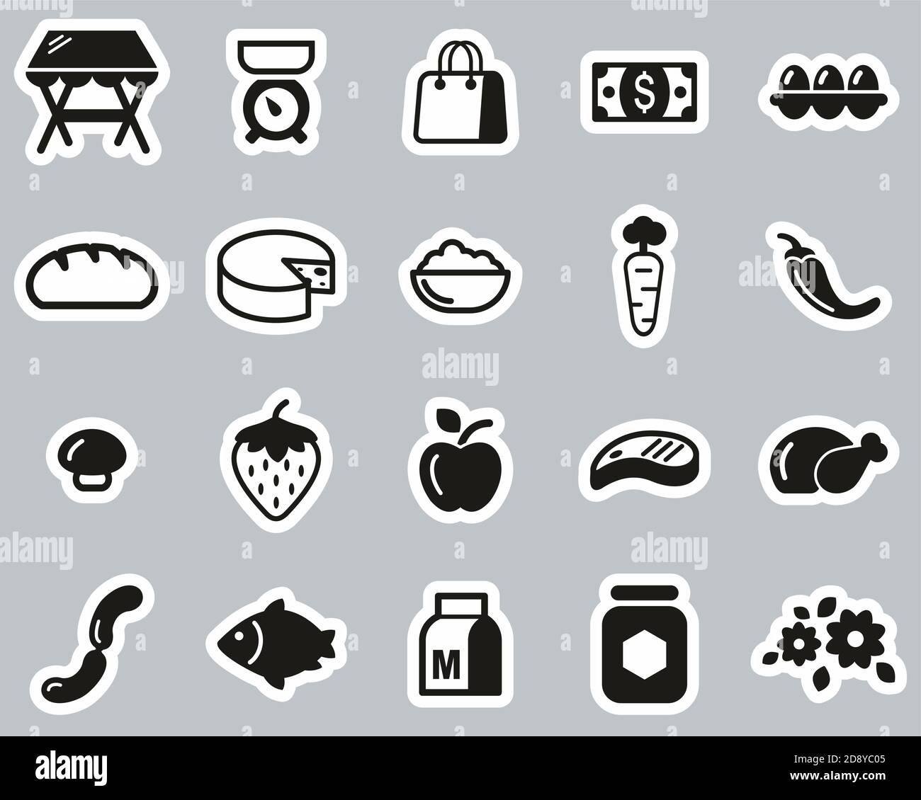 Market Place Or Market Stand Icons Black & White Sticker Set Big Stock ...