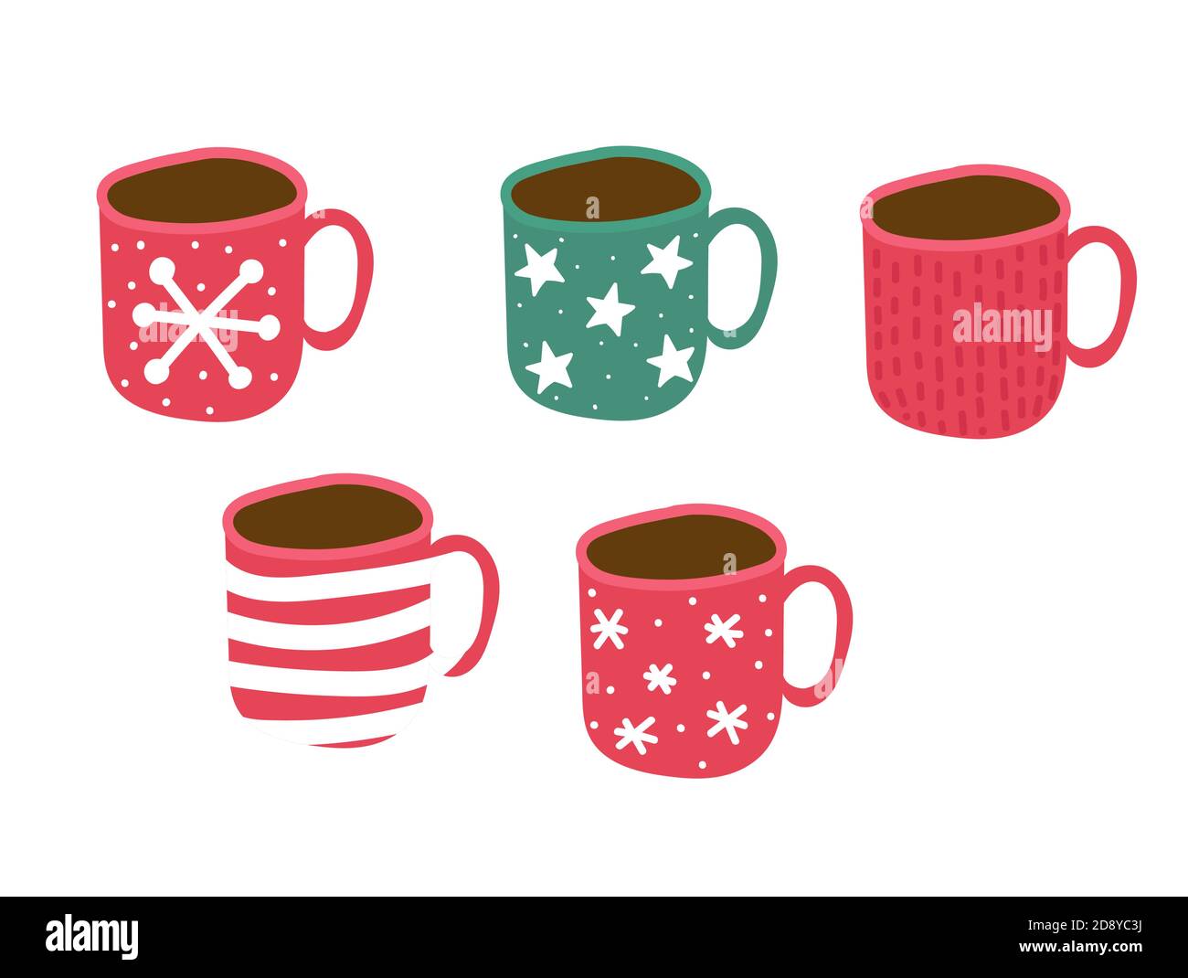 Set of cartoon christmas mugs with decorations. New year colored ...