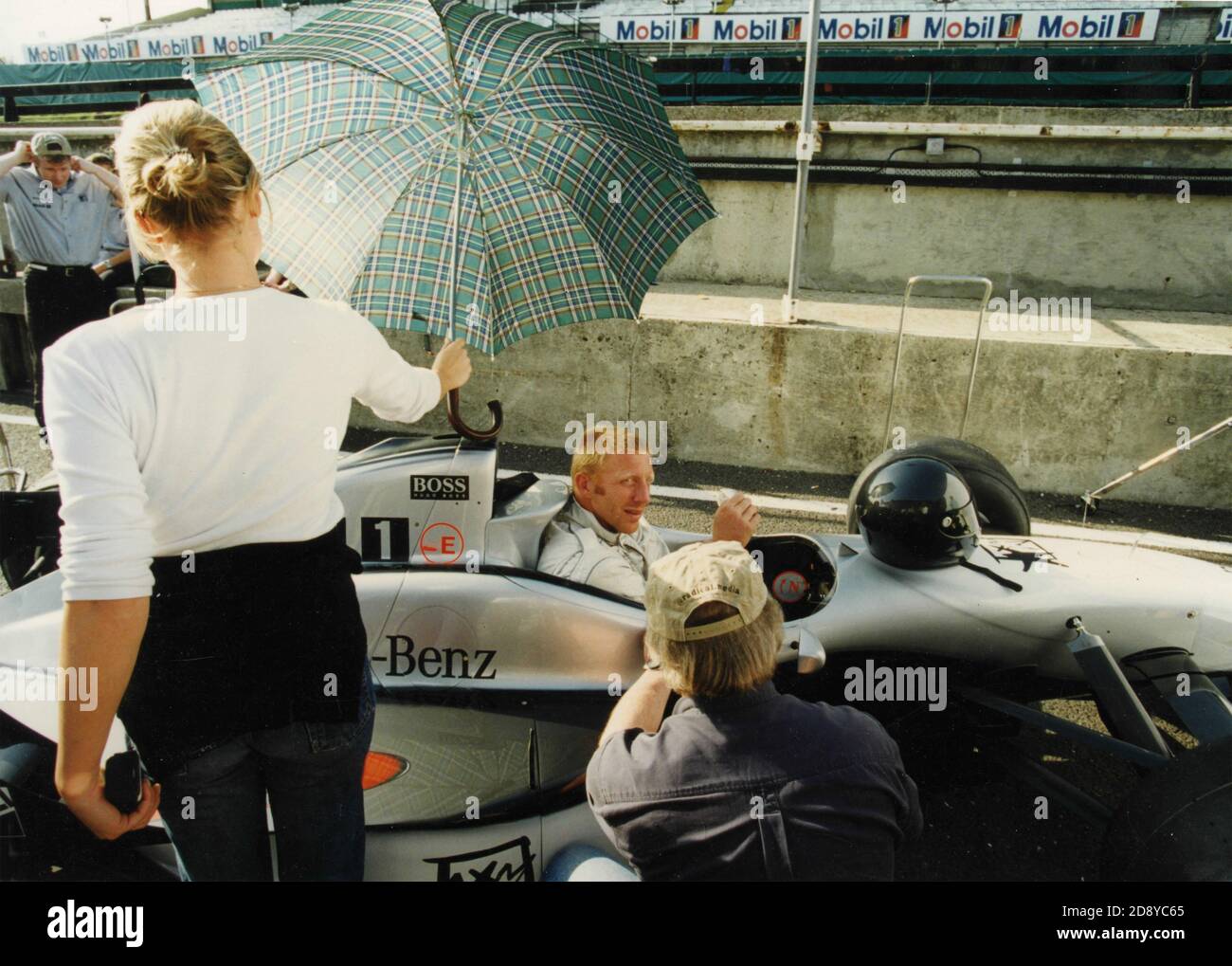 German tennis player Boris Becker trying Mercedes F1 car, 1990s Stock ...