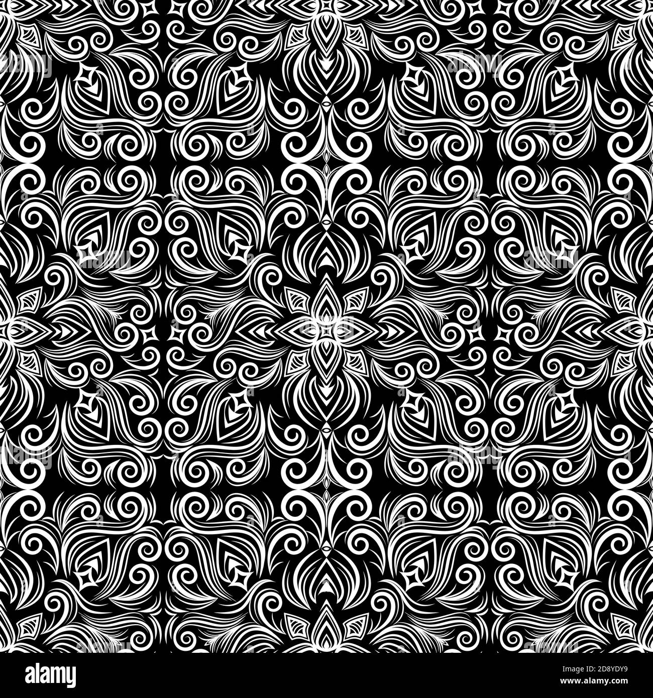 Vector Abstract Black And White Ornament Curve Swirls Seamless Pattern With Flowers And Curls