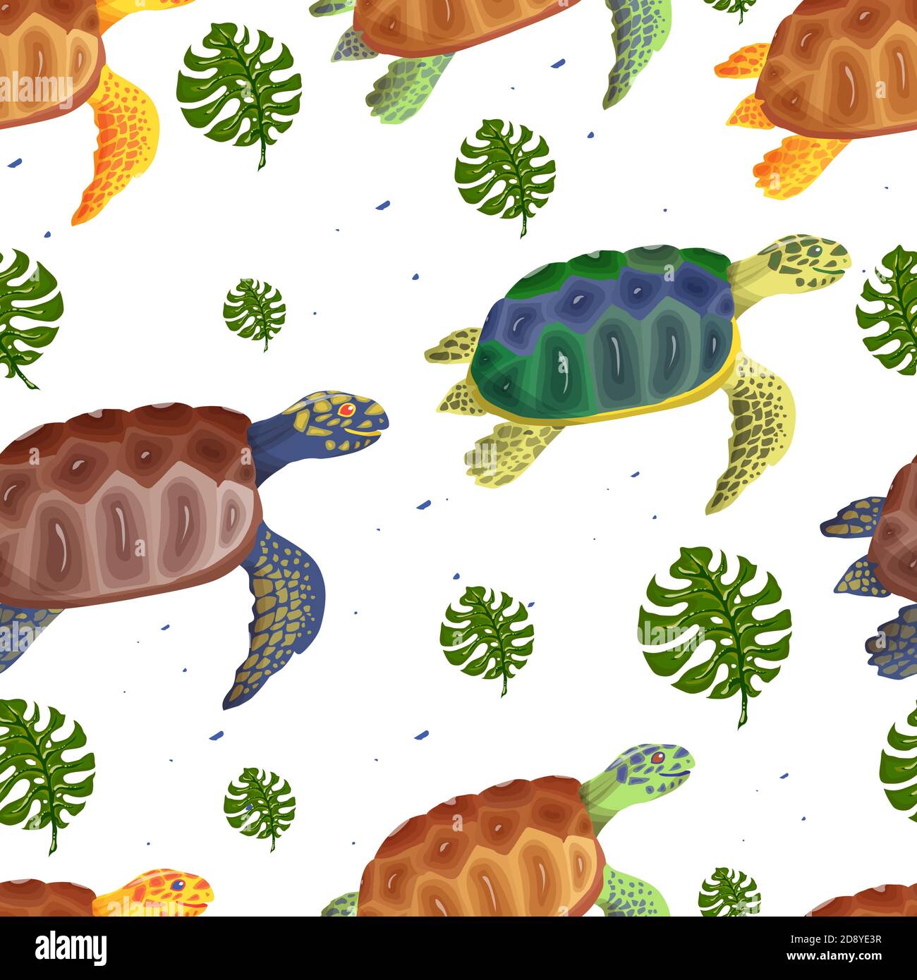 Seamless pattern with turtles and monstera leaves. Swimming sea turtles ...