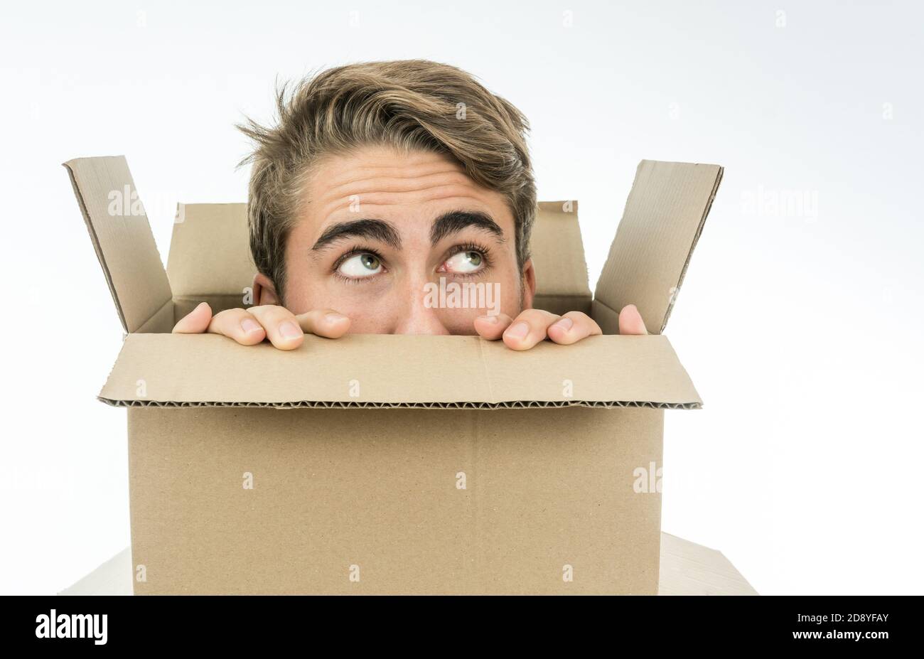 Boy with a face of surprise with his head inside a cardboard box Stock ...
