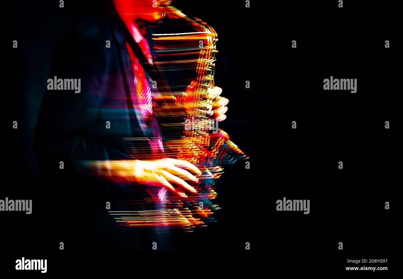 Jazz music concept. Saxophone player performing on stage. Sax player ...