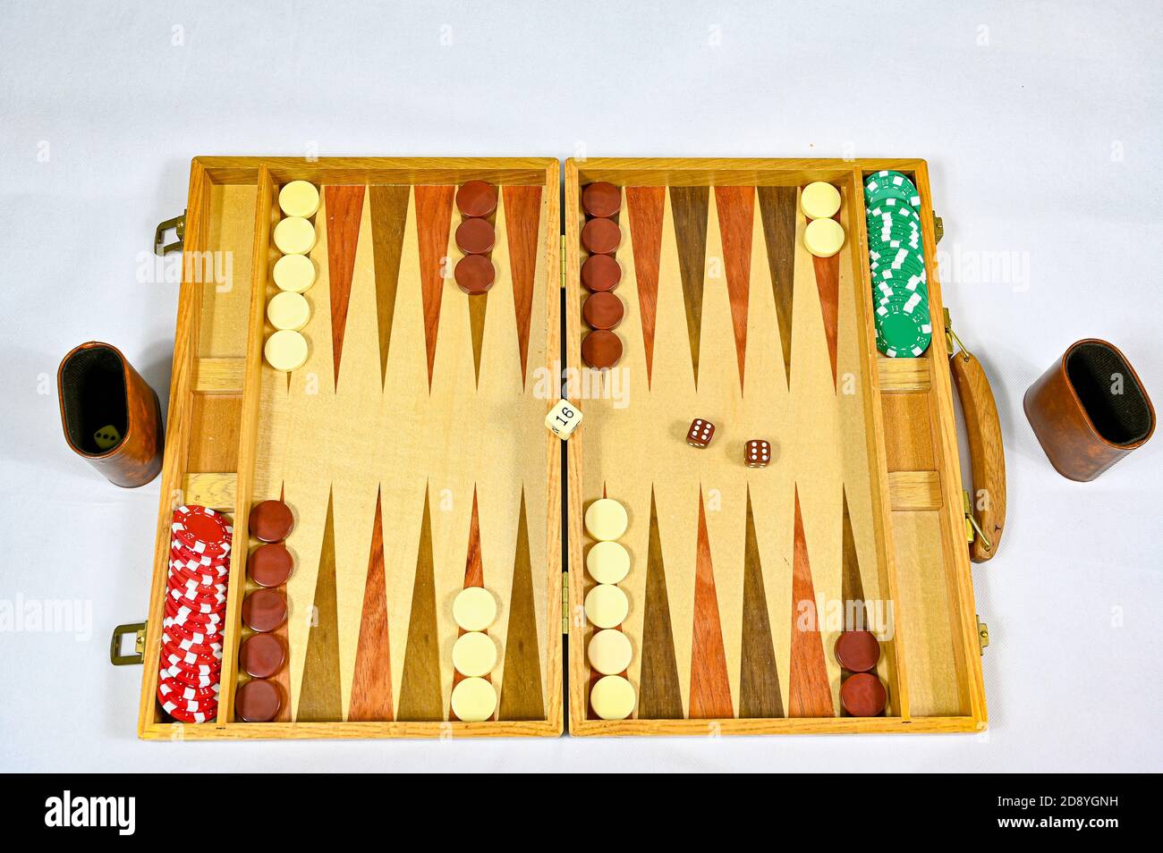 backgammon board with game pieces markers and dices Stock Photo - Alamy
