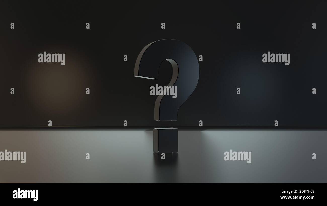 Black question marks under spot light concept in dark empty room ...