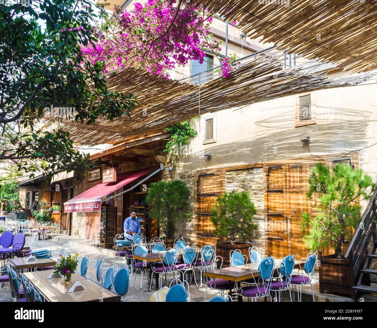 Outdoor terrace of a restaurant in Byblos old souk, Jbeil, Lebanon ...
