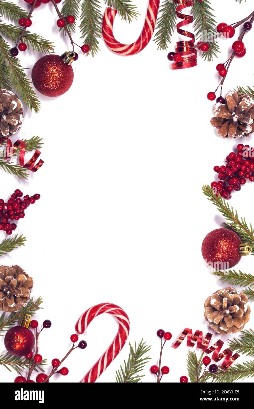 Christmas white blank card with copy space and decor of fir tree branch ...
