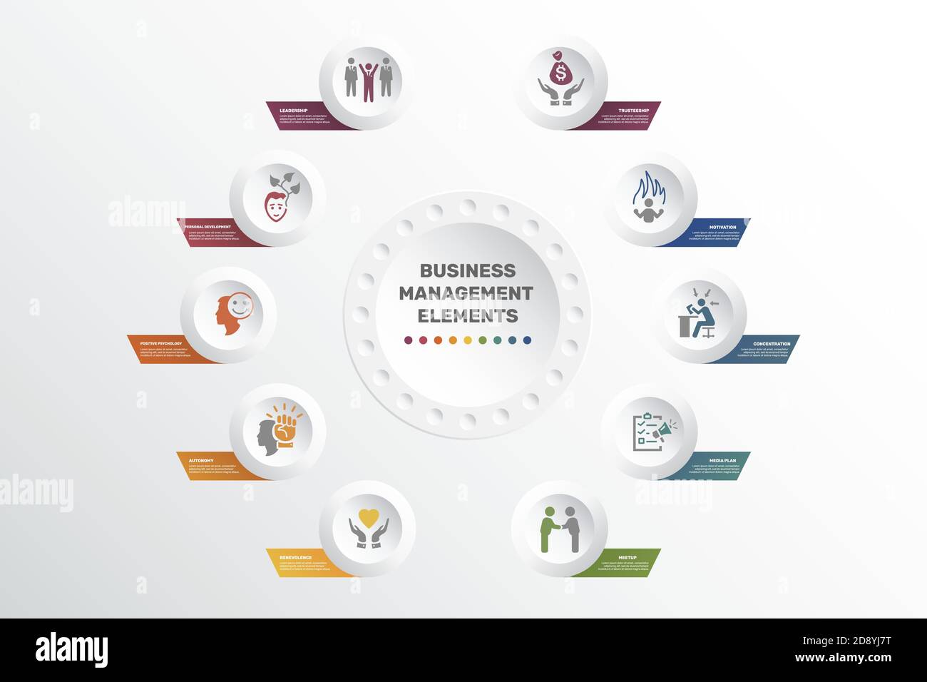 Infographic Business Management template. Icons in different colors ...