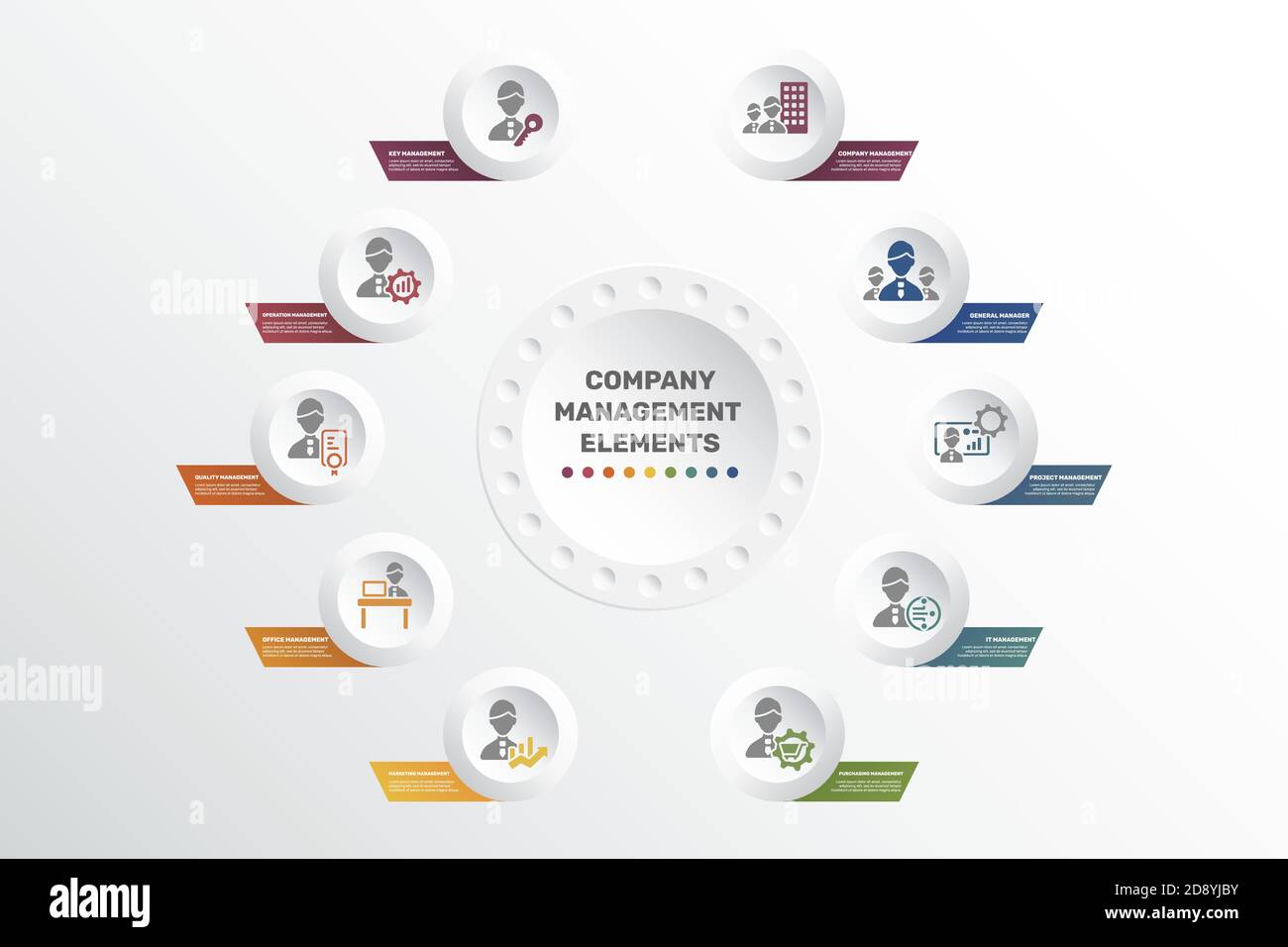 Infographic Company Management template. Icons in different colors ...