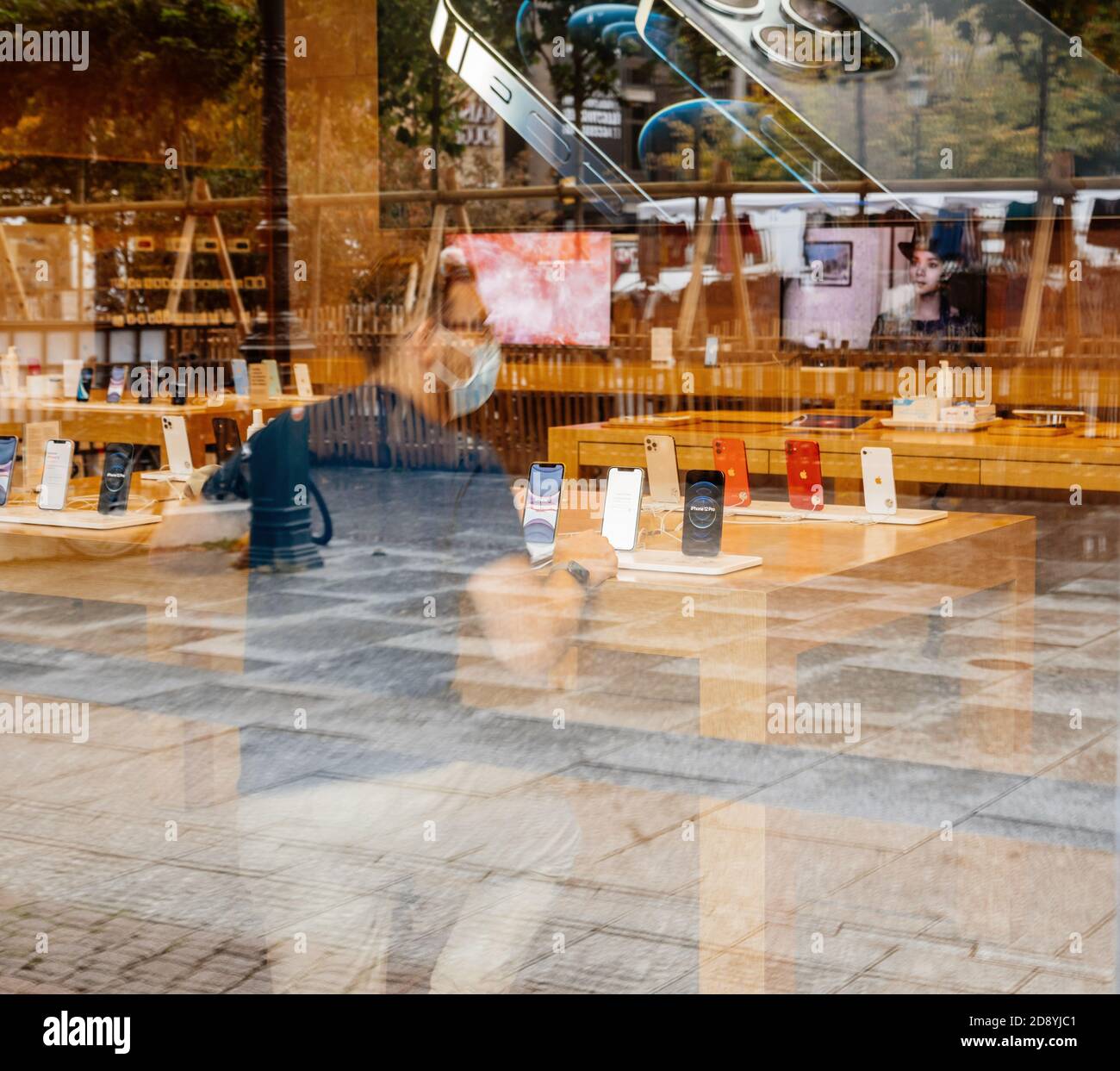 Paris, France - Oct 23, 2020: View from street of Apple Genius employee ...