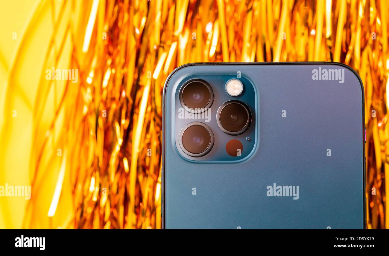 Paris, France - Oct 23, 2020: Front view of triple camera with LIDAR on ...