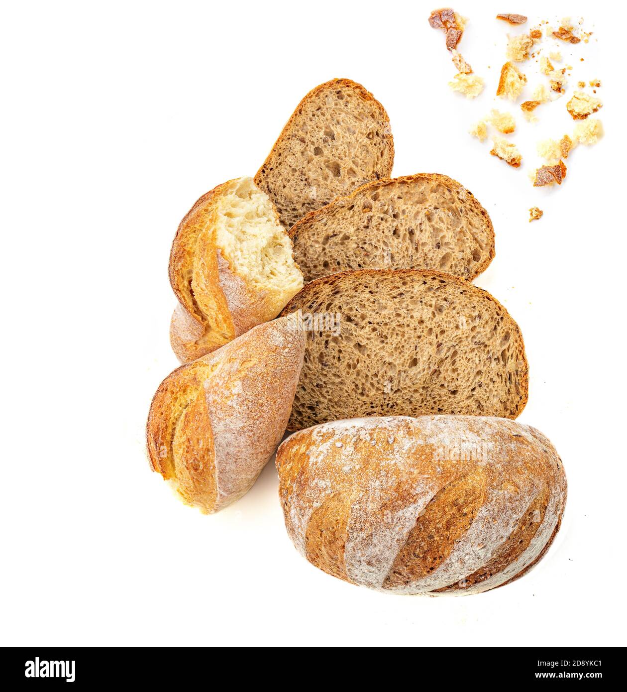 Top view of sliced wholegrain bread isolated on white background. Bread ...