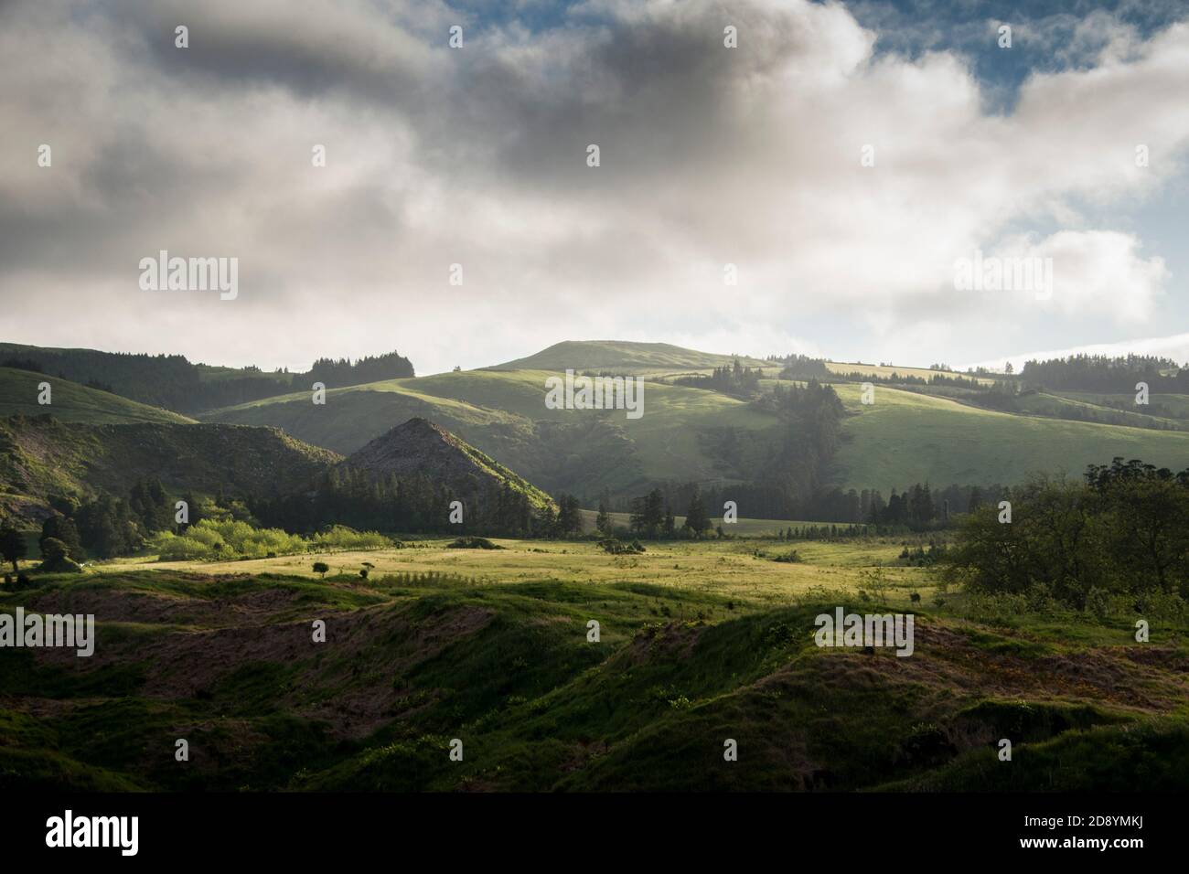 Landscape view of countryside plains with forest trees and hills on the ...